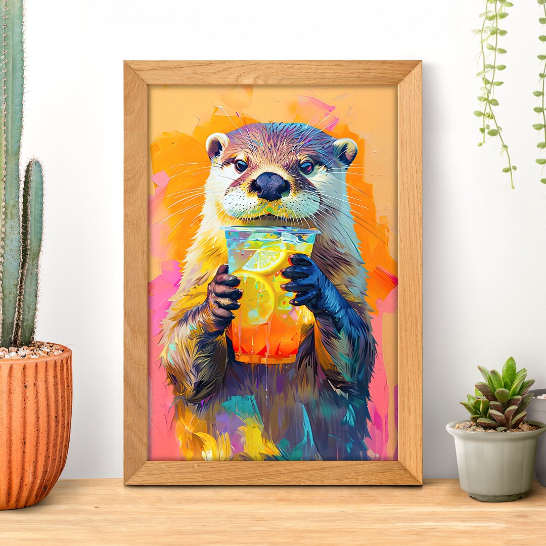 Thirsty Otter Sipping Lemonade Poster, Otter Lover, Funny Sea Otter Wall Art, Kids Room Decor ...