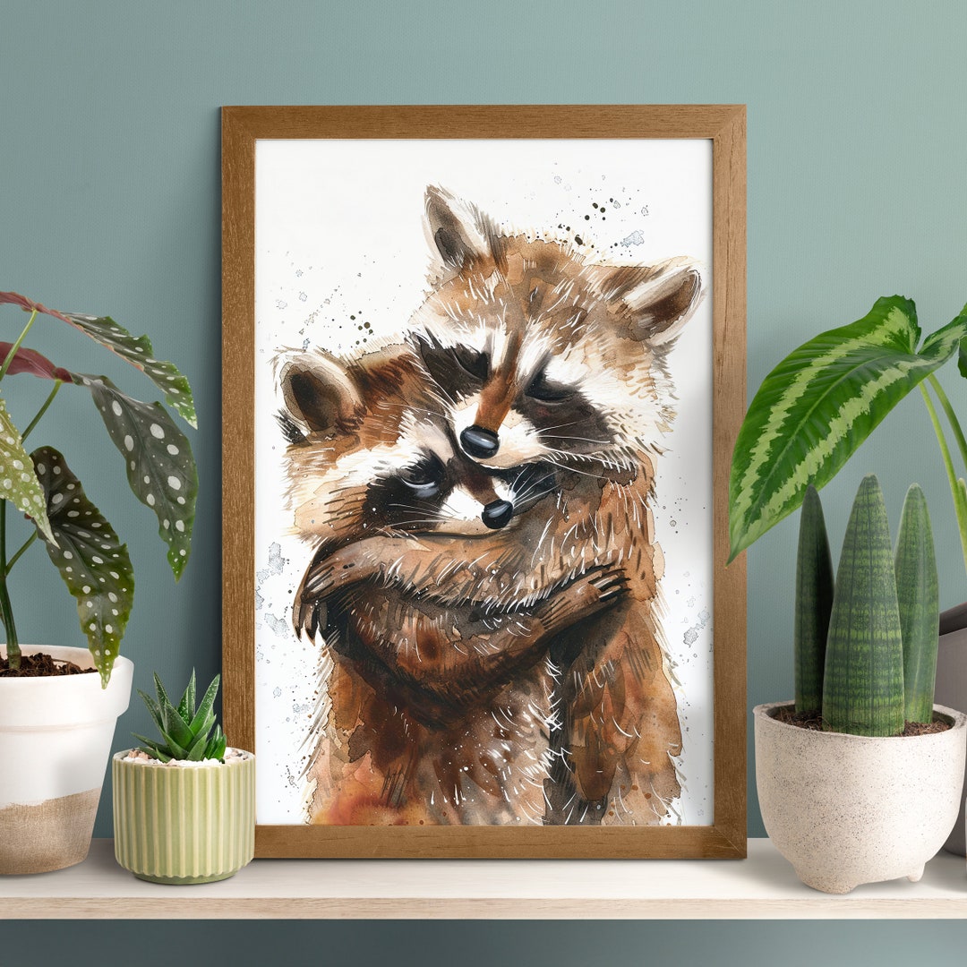 Lovely Raccoon Cuddling Portrait Poster, Funny Trash Panda Art, Hugging ...
