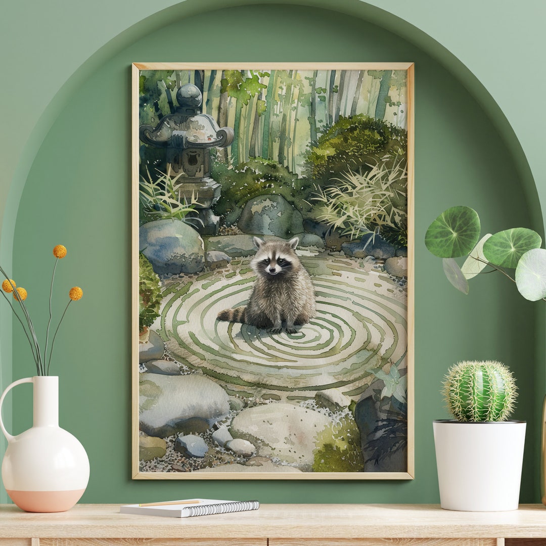 Japanese Zen Garden Raccoon Poster, Funny Trash Panda Print, Raccoon ...