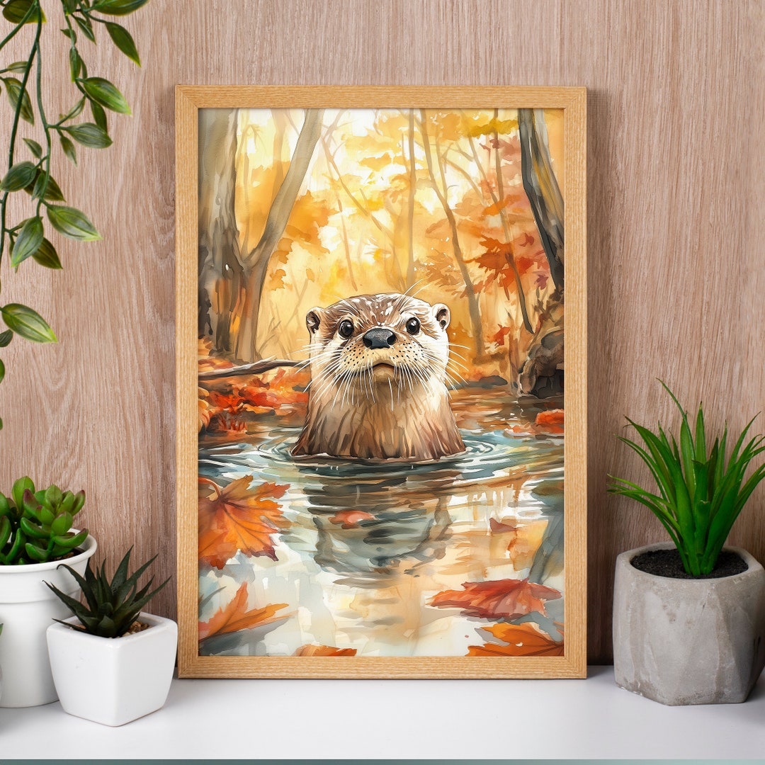 Autumn Fall River Otter Poster, Funny Sea Otter, Otter Lover, Wildlife ...