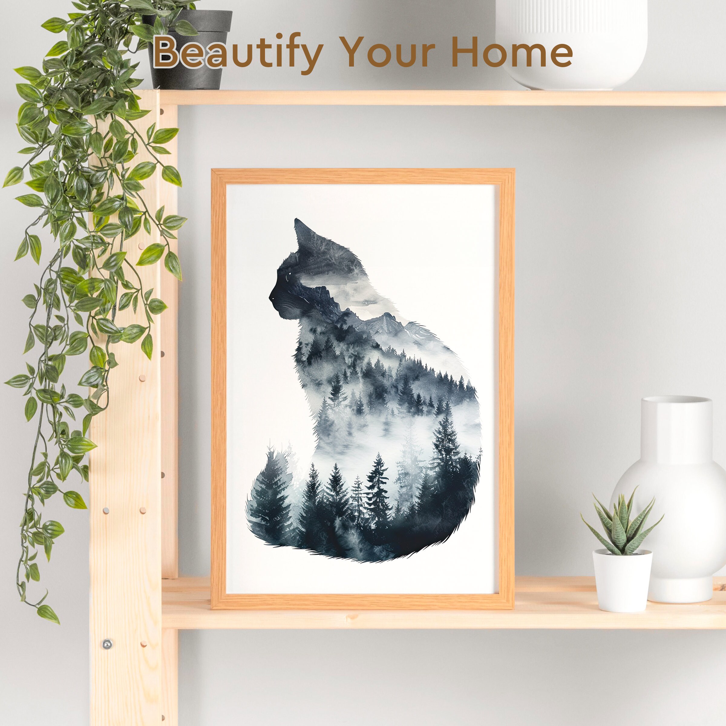 Mountain Forest Cat Silhouette Poster, Black Cat Wall Art, Funny Kitten ...