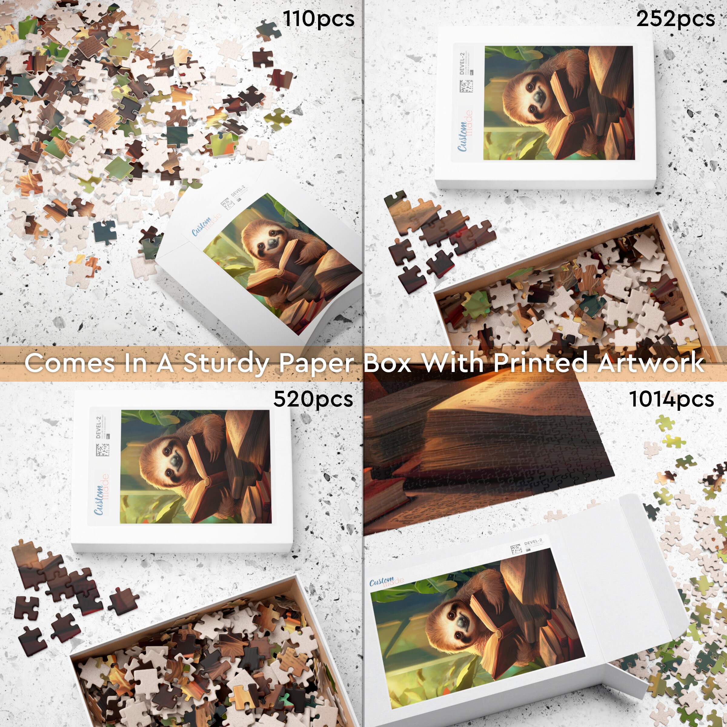 Cute Sloth Reading Book Jigsaw Puzzle, 110/252/520/1014 Pcs, Kids ...