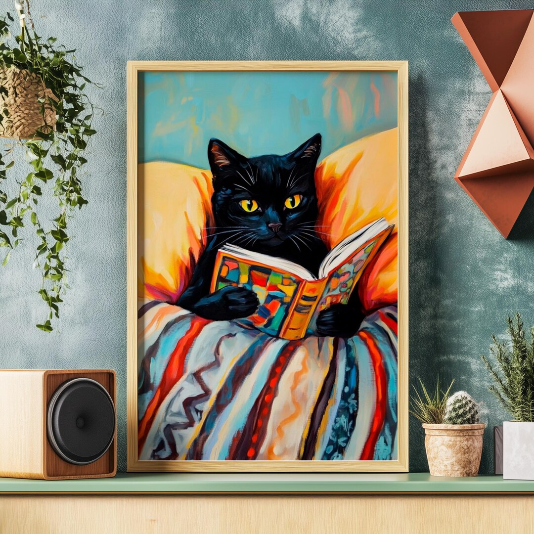 Cat Reading Bedtime Storybook Poster, Black Cat Wall Art, Cozy Kitten ...