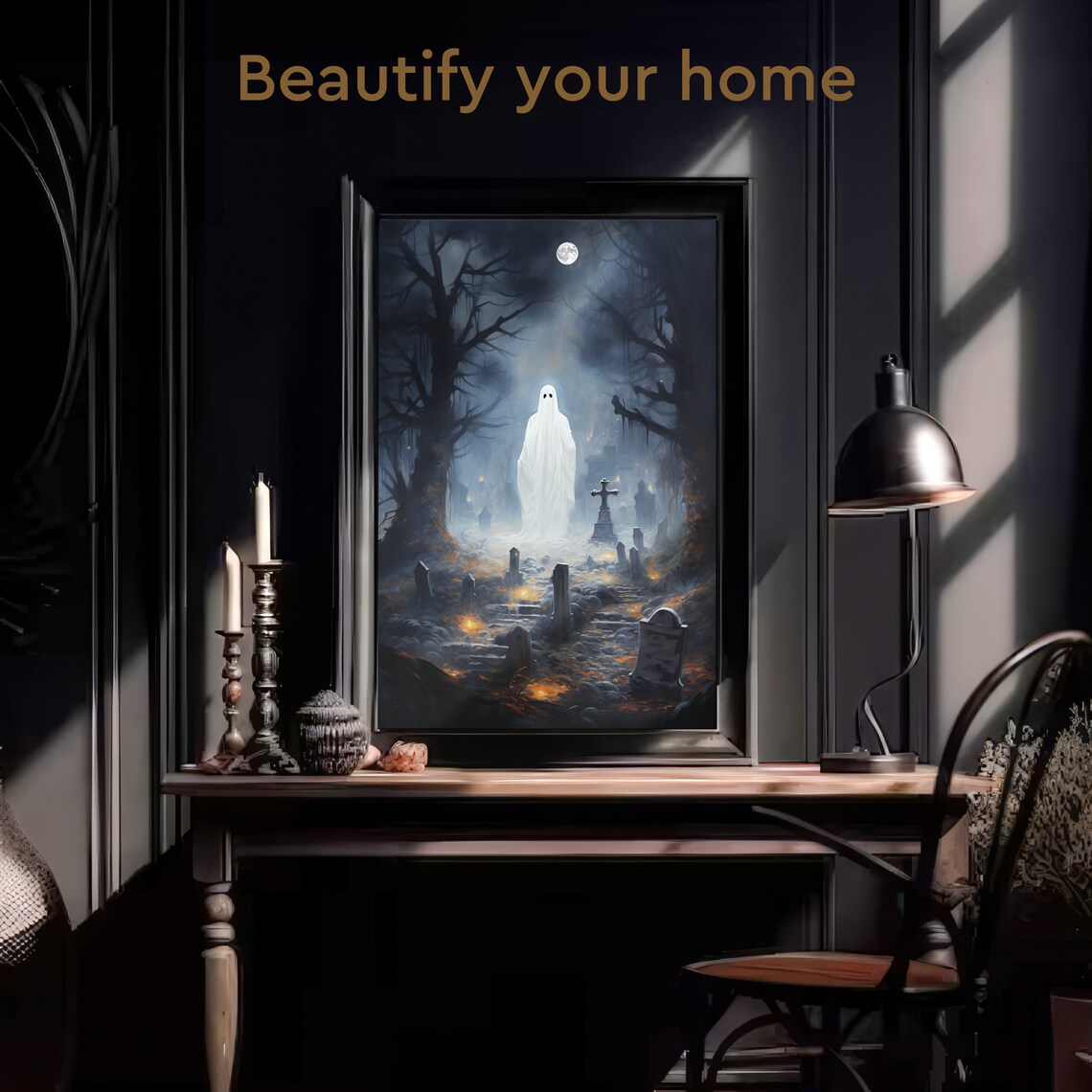 Haunting Ghost Graveyard Poster, Vintage Horror Art Print, Spooky Ghost ...