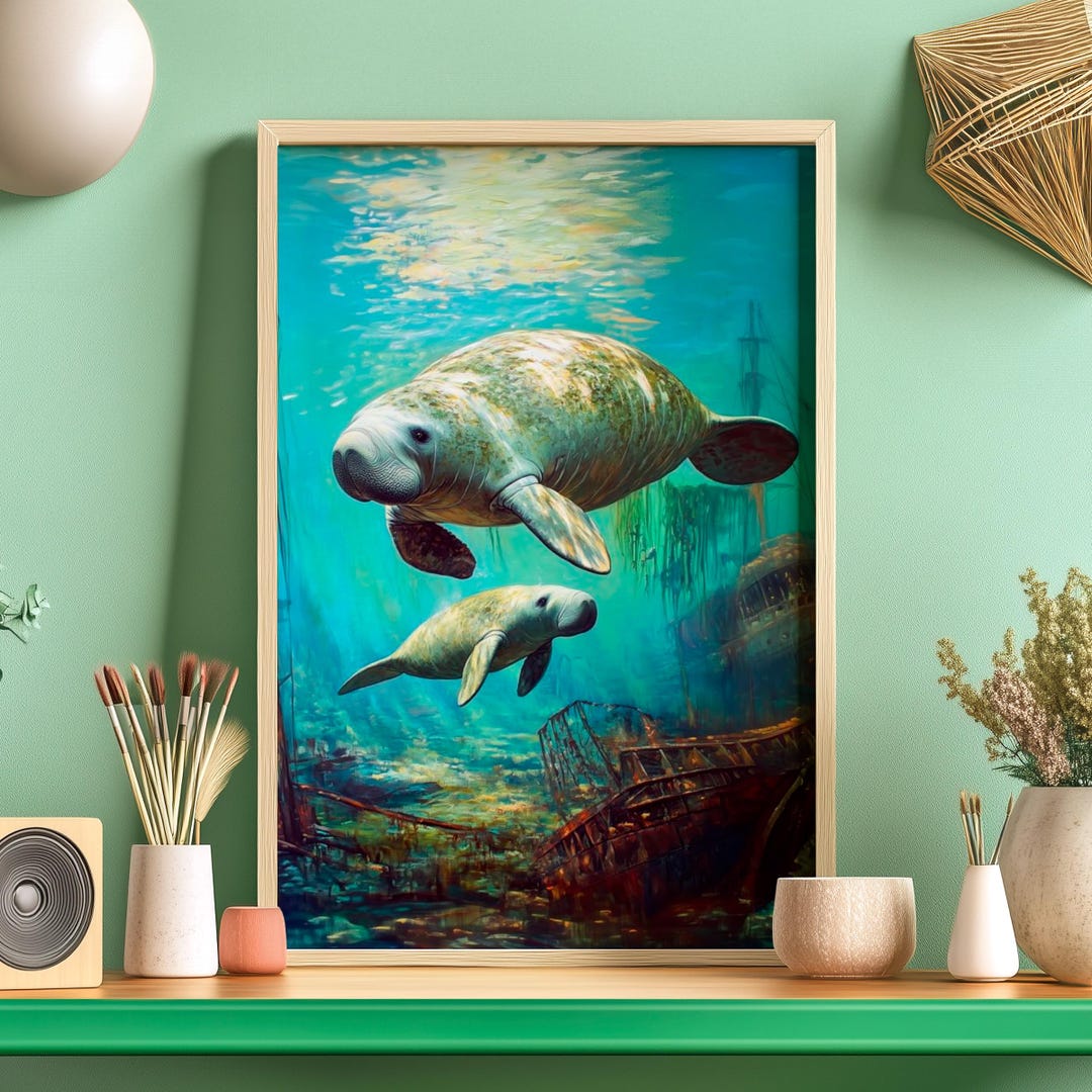Manatee Family Swimming Underwater Poster, Florida Manatee Print ...