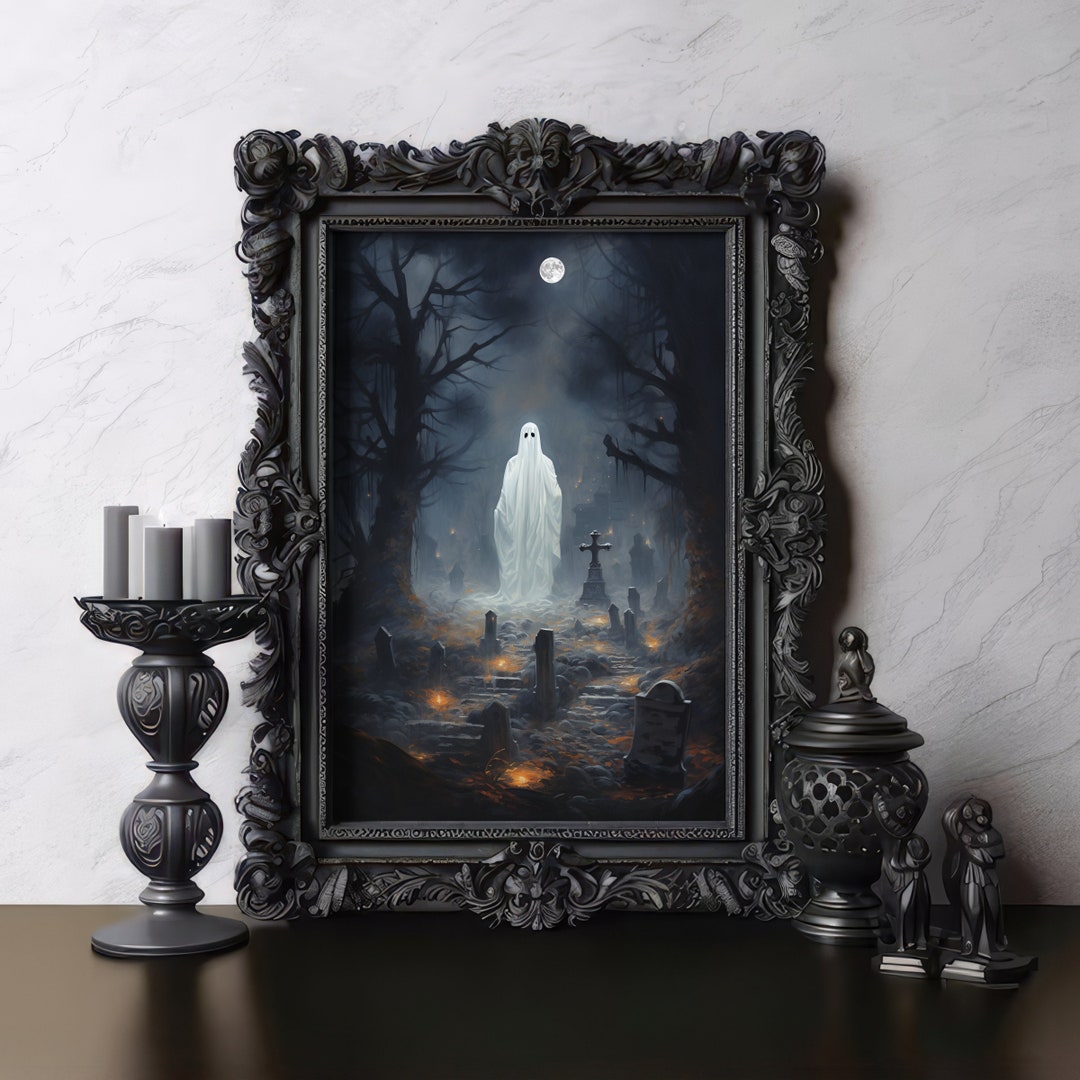 Haunting Ghost Graveyard Poster, Vintage Horror Art Print, Spooky Ghost ...