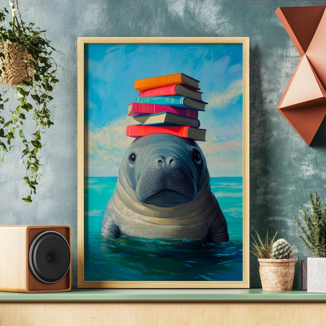 Adorable Manatee Balancing Books Poster, Florida Manatee, Cute Sea Cow ...