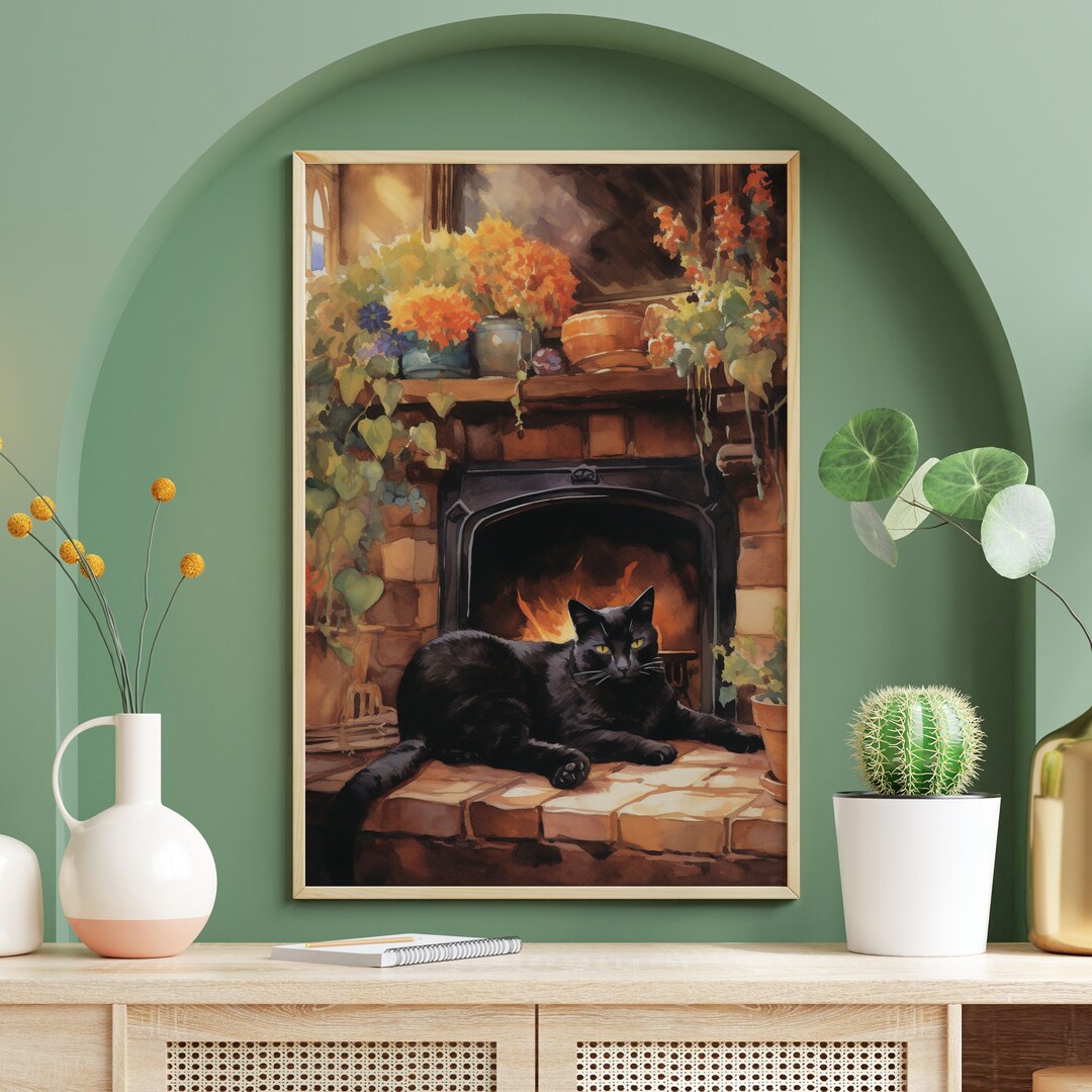 Fireplace Cozy Cat Poster, Black Cat Art, Funny Kitten Print ...