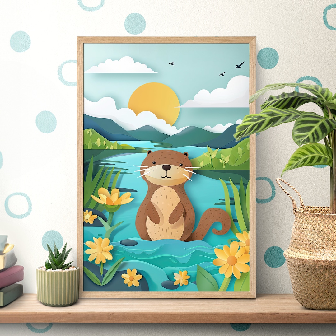 Papercut Wildlife River Otter Poster, Funny Sea Otter Gift, Vintage ...