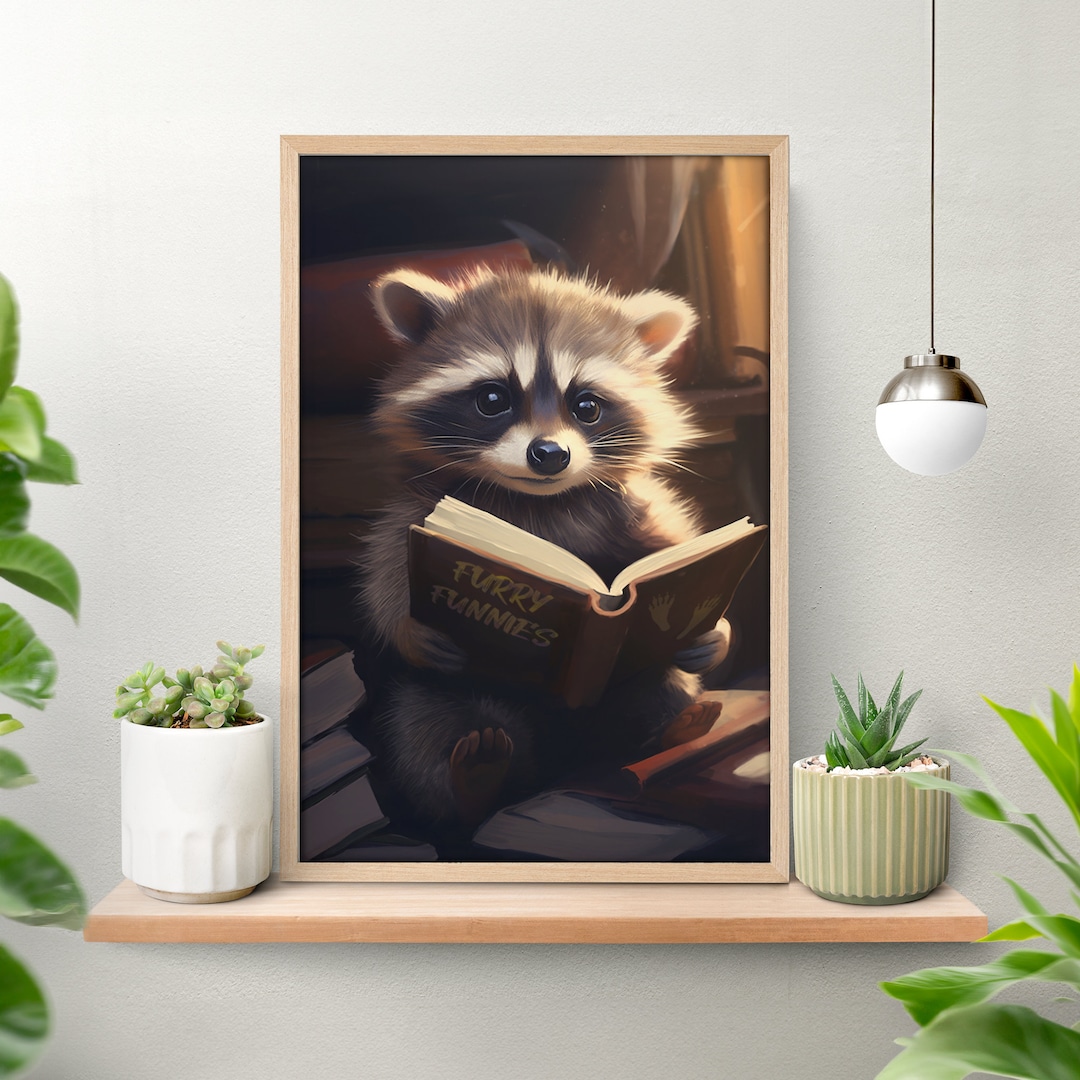 Cute Raccoon Reading Book Poster, Furry Funnies, Raccoon Lover Gift ...