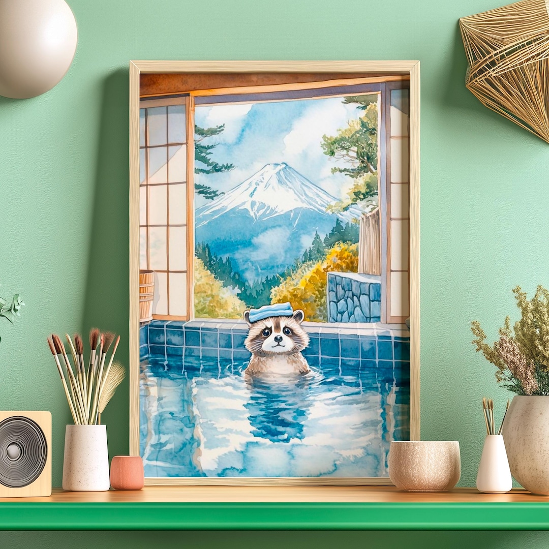 Japanese Bathhouse Bath Raccoon Poster, Funny Trash Panda, Onsen Lover ...