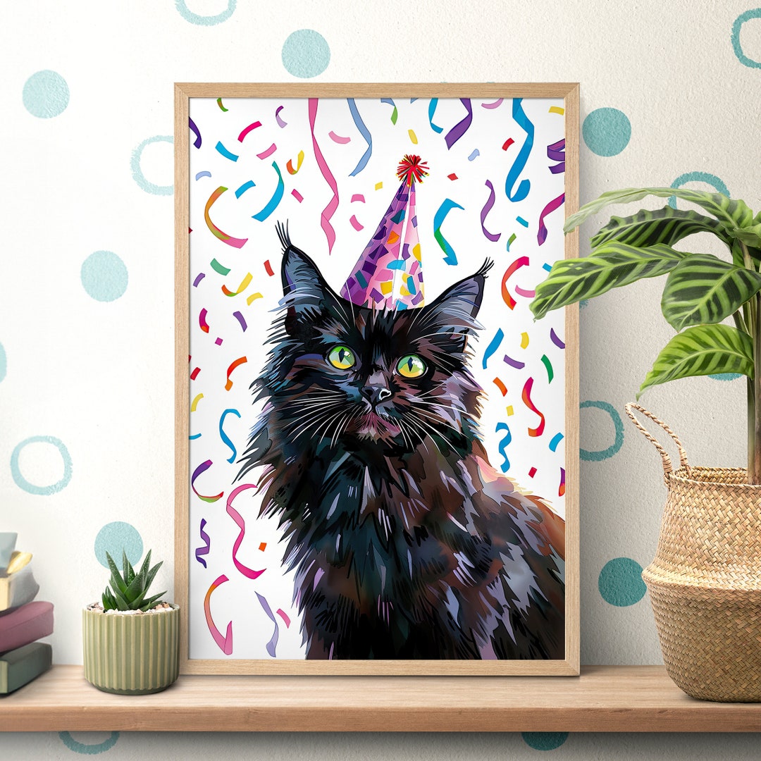 Birthday Party Hat Cat Poster, Black Cat Portrait, Funny Kitten Print ...