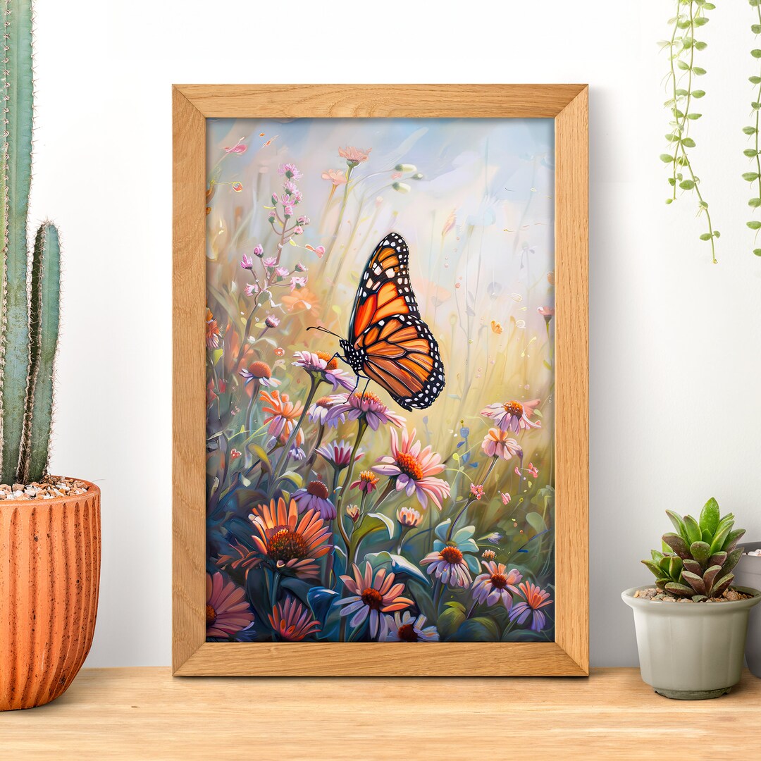 Flower Field Monarch Butterfly Poster, Butterfly Painting, Vogue ...