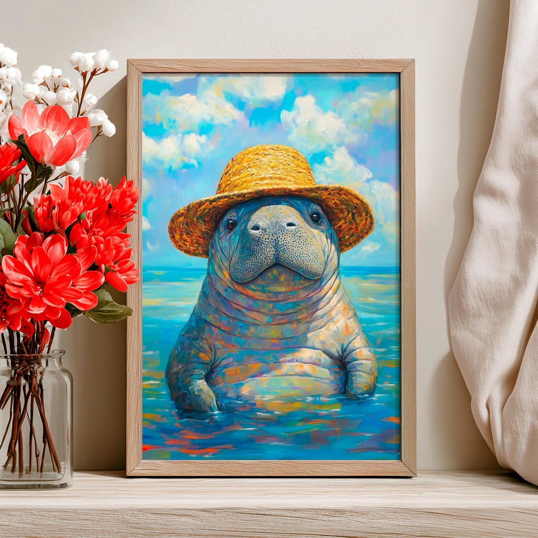 Whimsical Manatee Straw Hat Poster: Nautical Marine Life Art Decor ...