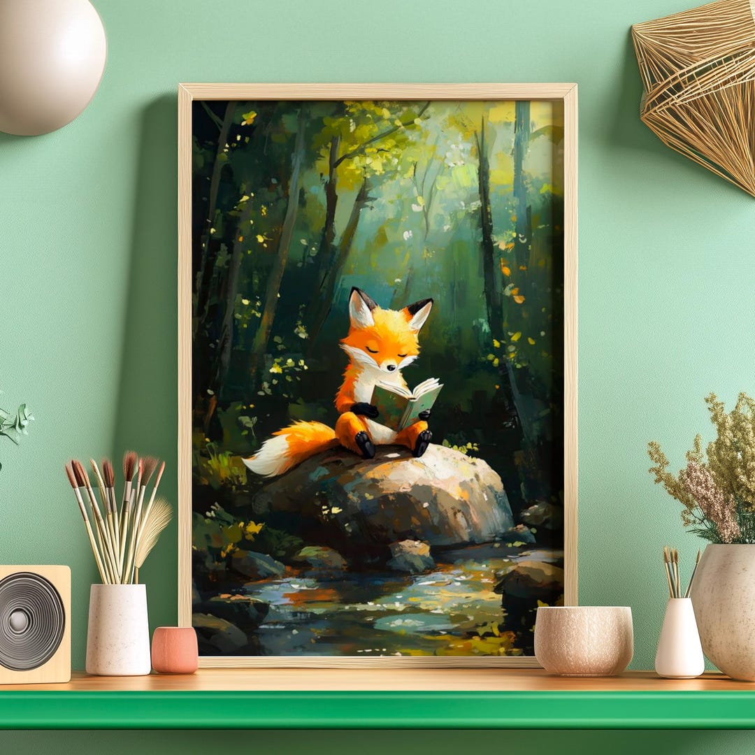 Bookworm Fox Reading Book Poster, Funny Red Fox Print, Novel Lover ...
