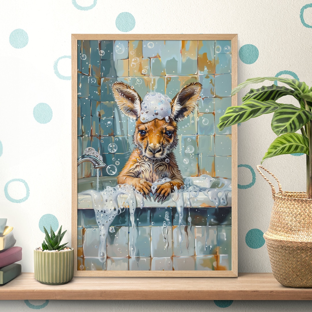 Bathtub Bubble Bath Kangaroo Poster, Bathroom Wall Art, Baby Kangaroo ...