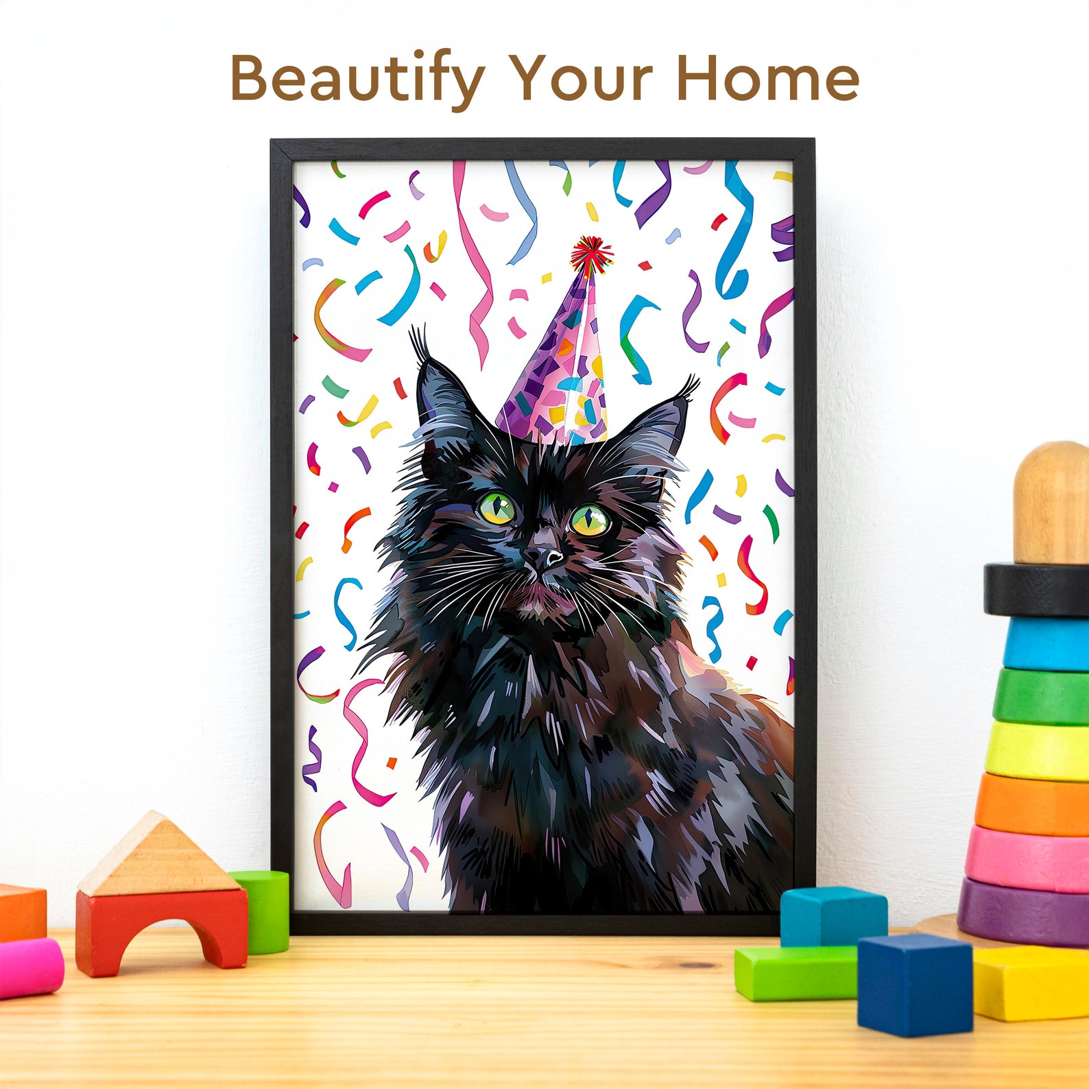 Birthday Party Hat Cat Poster, Black Cat Portrait, Funny Kitten Print ...