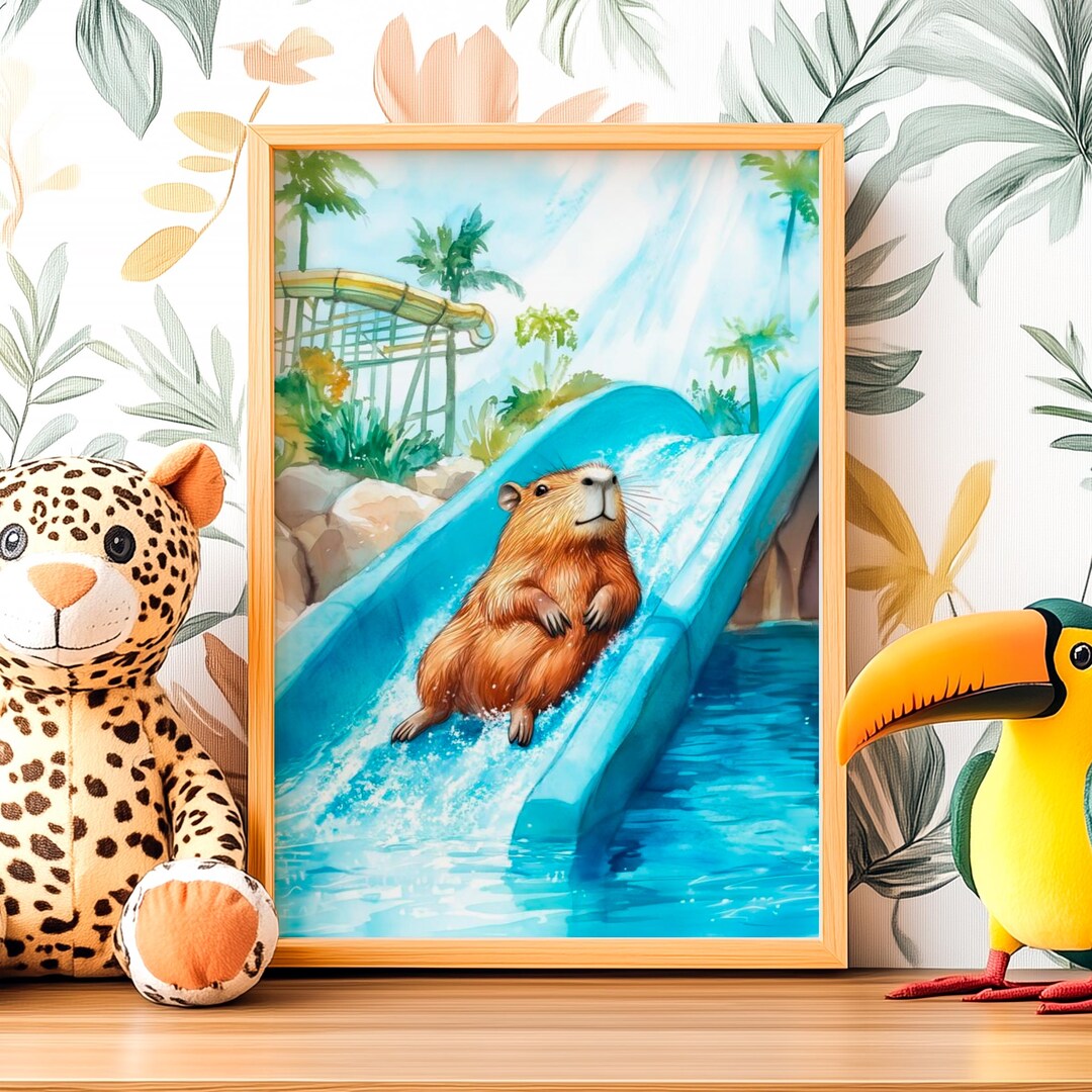 Water Park Sliding Capybara Poster, Funny Water Hog Decor, Wildlife ...