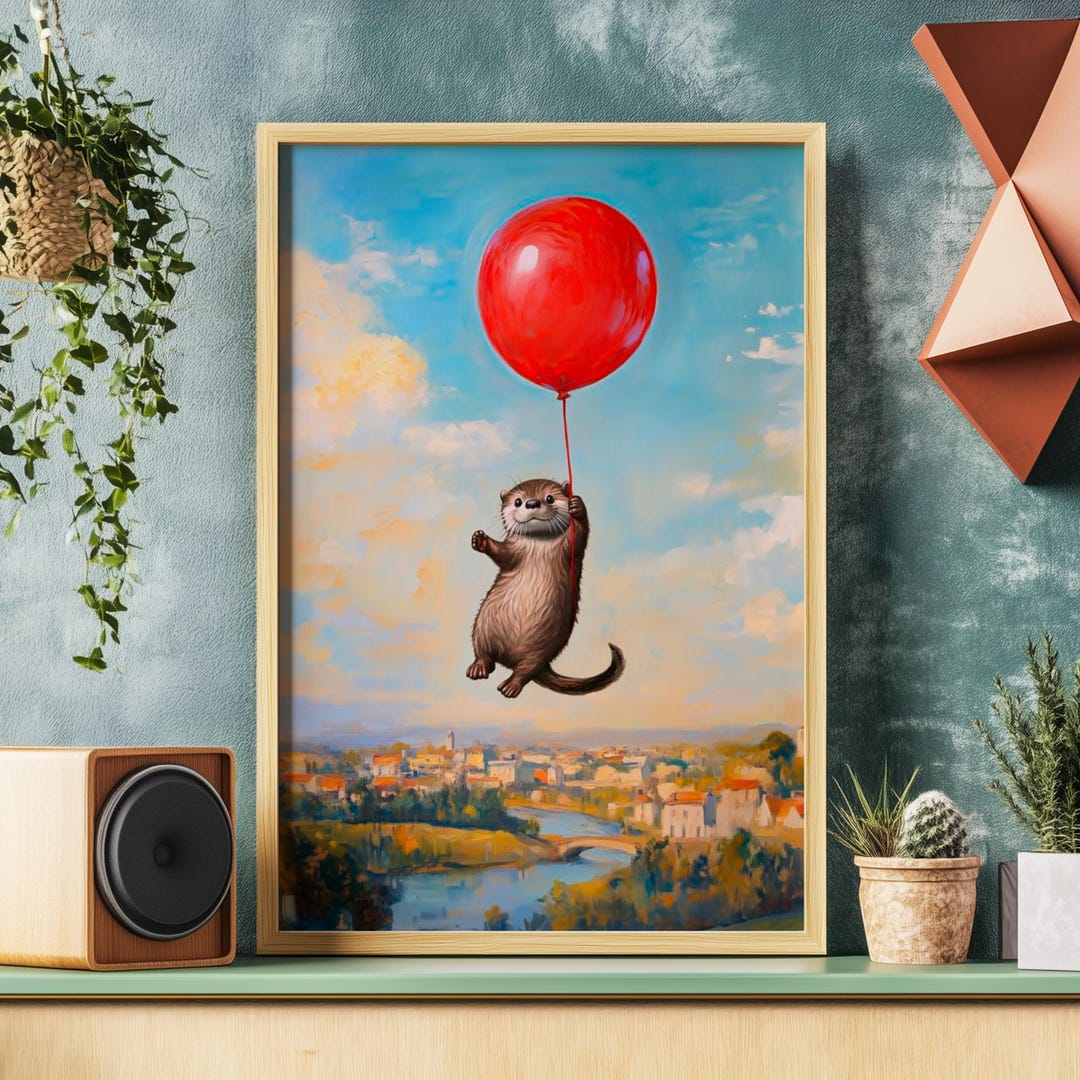 Otter Balloon Floating Sky Poster, Fun Sea Otter Print, River Otter ...