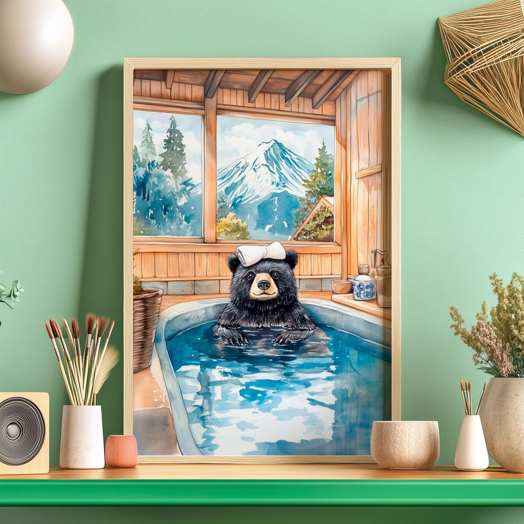 Japanese Bathhouse Bath Bear Poster, Black Bear Cub, Cute Wildlife, Spa ...