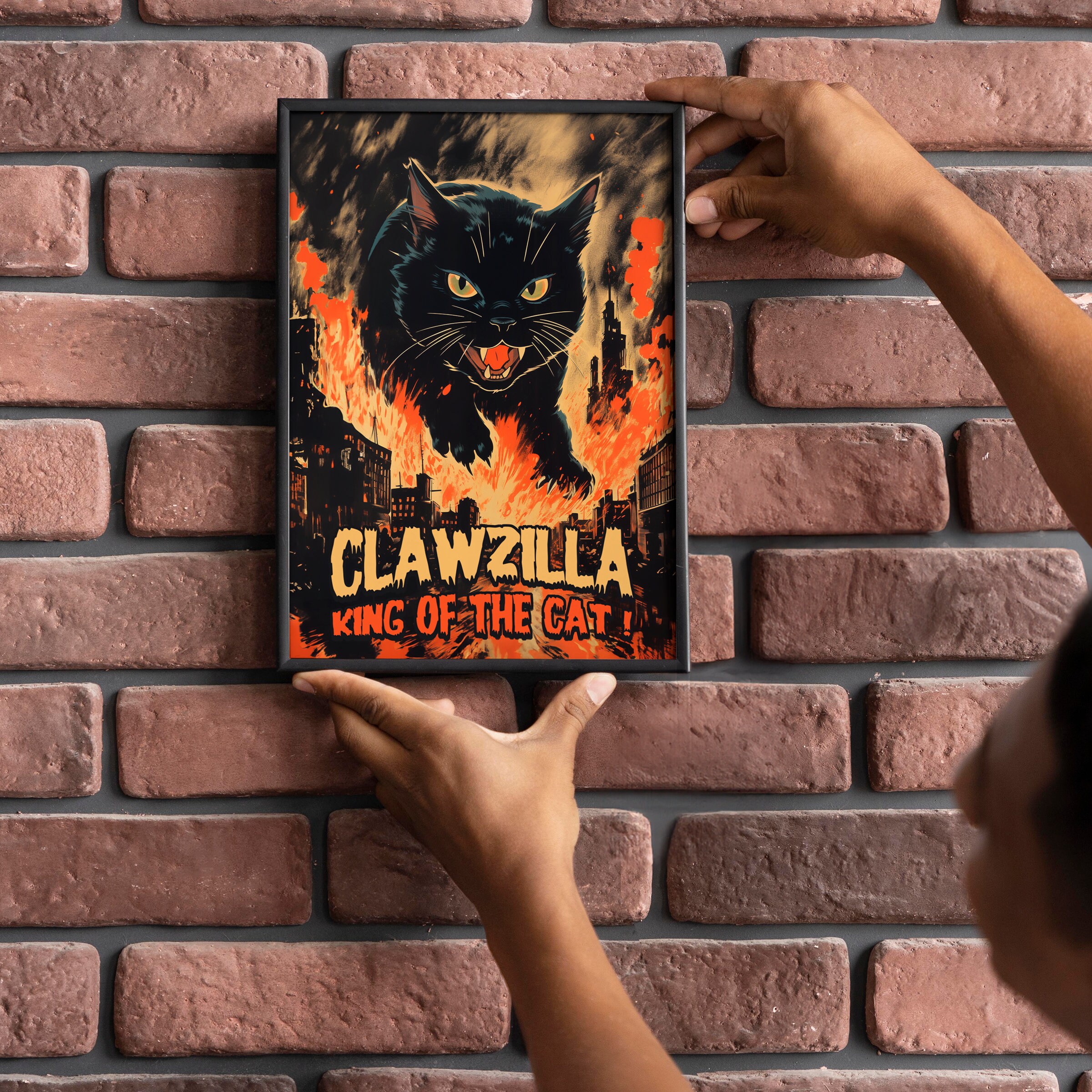 Retro Cat Monster Poster, Clawzilla, Giant Black Cat, Classic Monsters ...