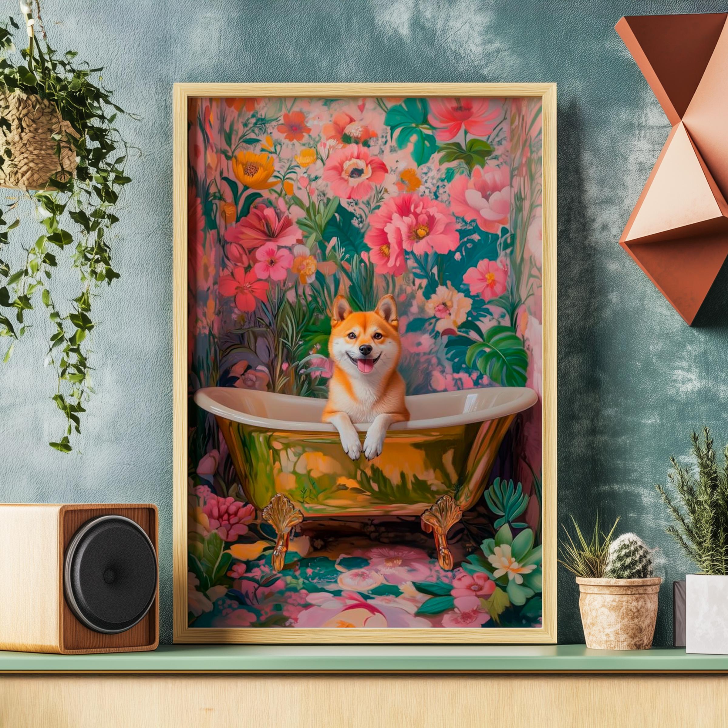 Floral Bathtub Bath Shiba Poster, Bathroom Wall Art, Funny Shiba Inu ...