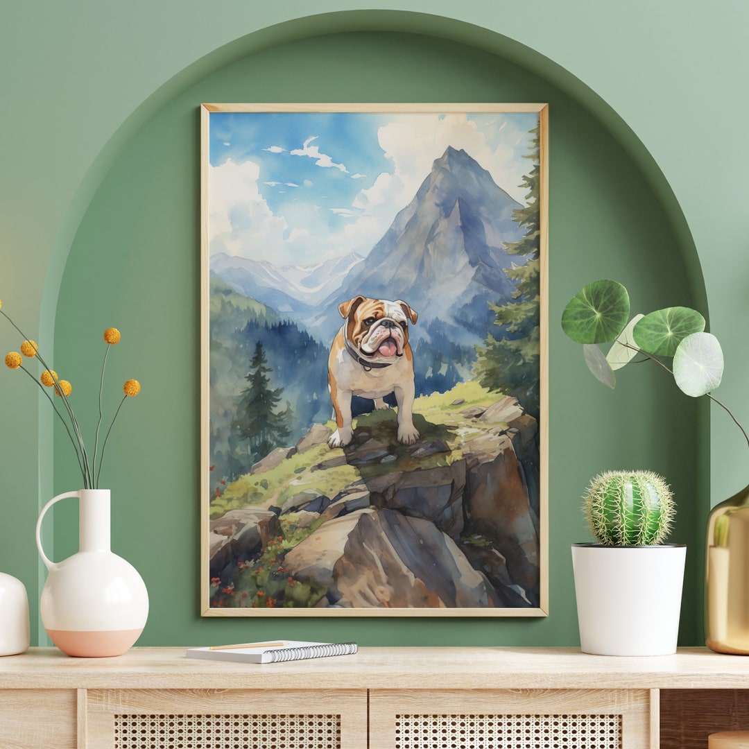 Hiking Mountain Bulldog Poster, Funny Dog Print, Hiking Lover Gift ...