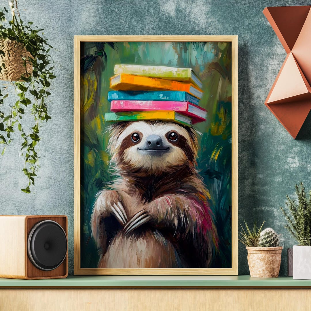 Adorable Sloth Balancing Books Poster, Cute Folivora Print, Bradypus ...