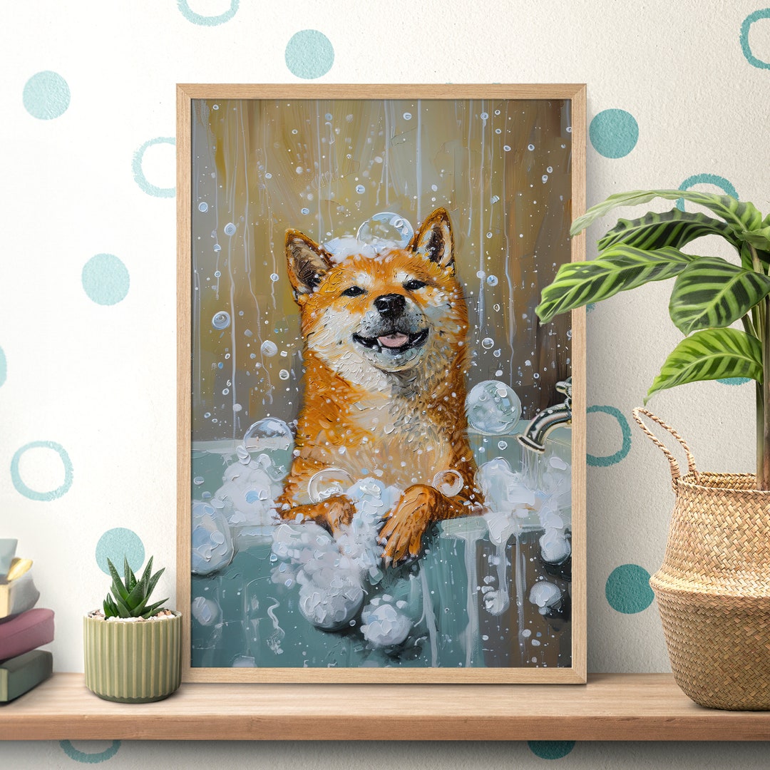 Bathtub Bubble Bath Shiba Poster, Bathroom Wall Art, Funny Shiba Inu ...