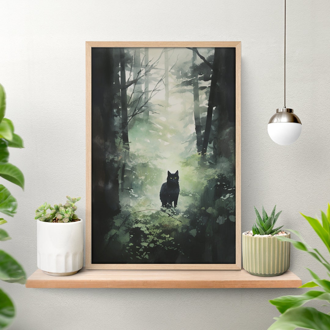 Foggy Forest Cat Poster, Watercolor Paintings, Black Cat Art, Funny ...