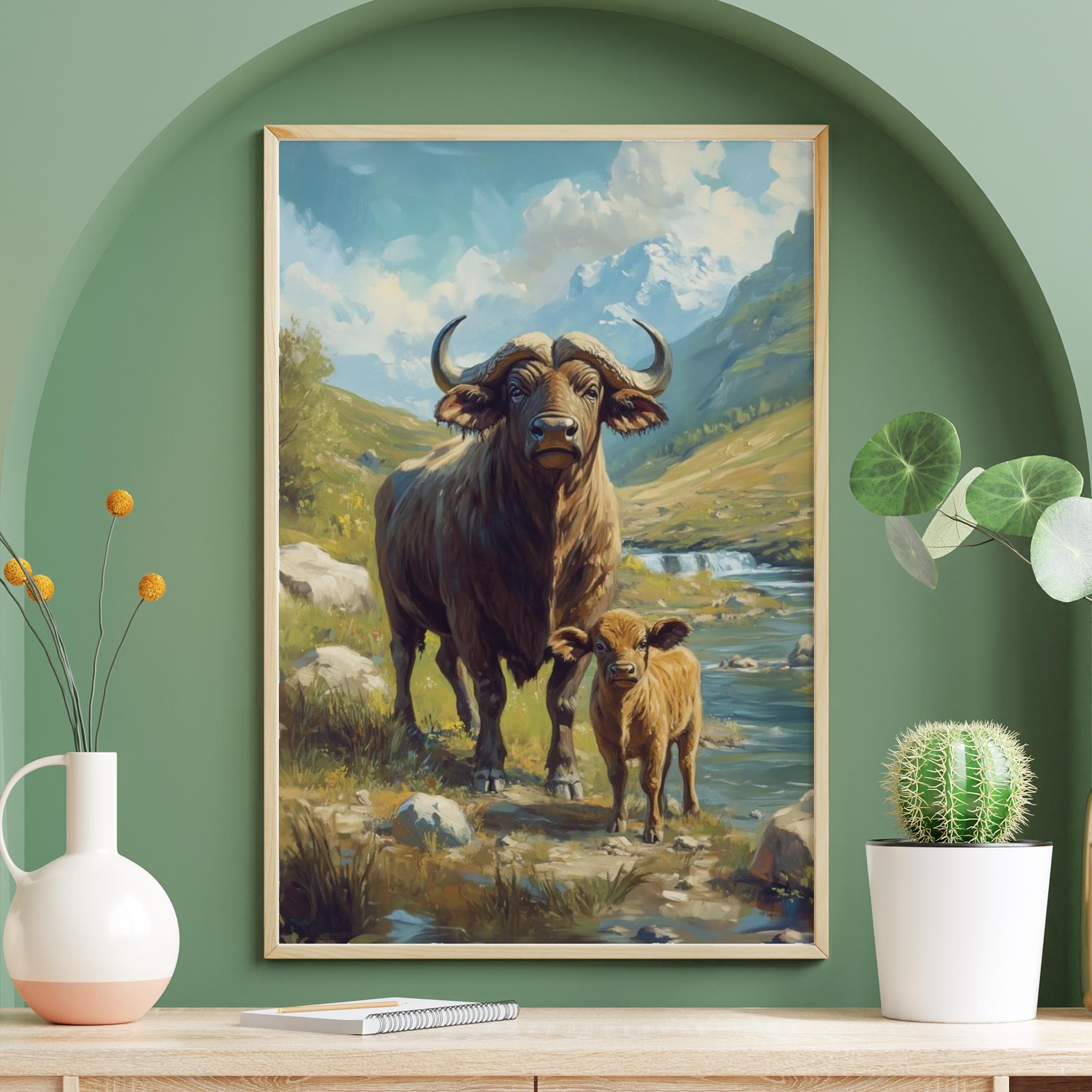Buffalo Family Grazing Grassland Poster, Bison Lover Gift, Cute Calf ...