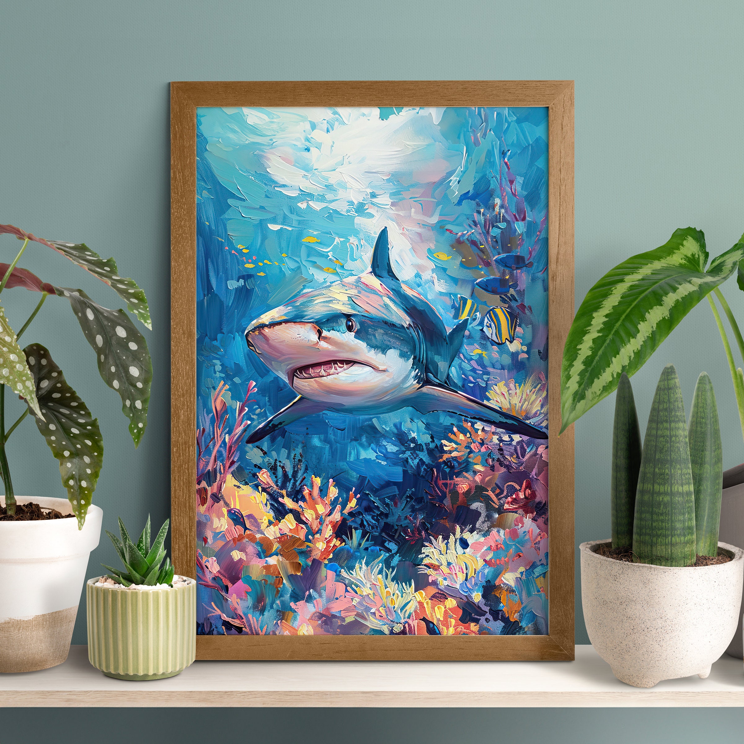 Marine Animals Shark Coral Poster, Funny Shark Gift, Vintage Ocean ...