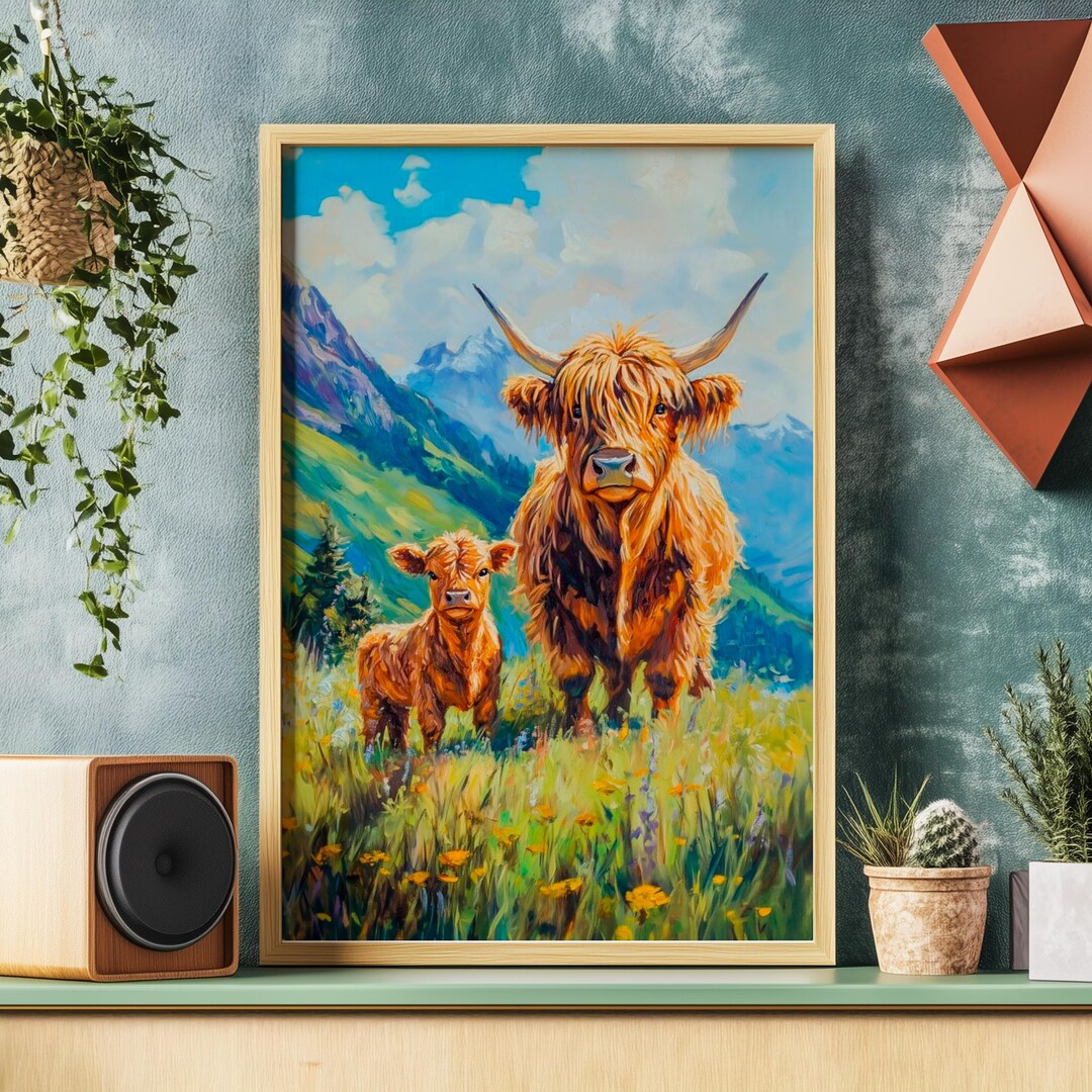 Highland Cow Family Grazing Poster, Scottish Cow Lover, Scotland Cattle ...