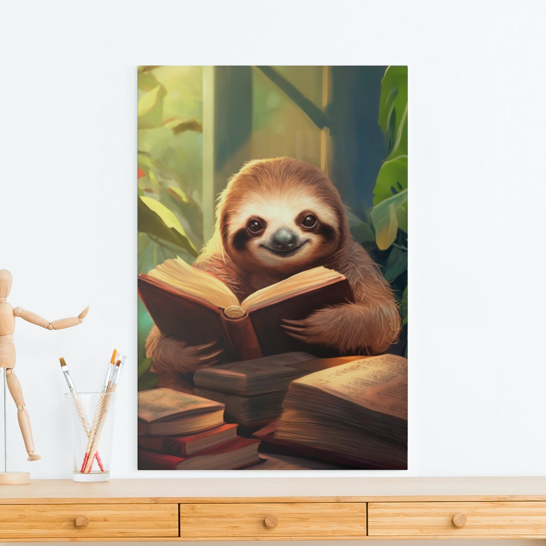 Cute Sloth Reading Book Canvas Wall Art, Matte Stretched Canvas, Funny ...