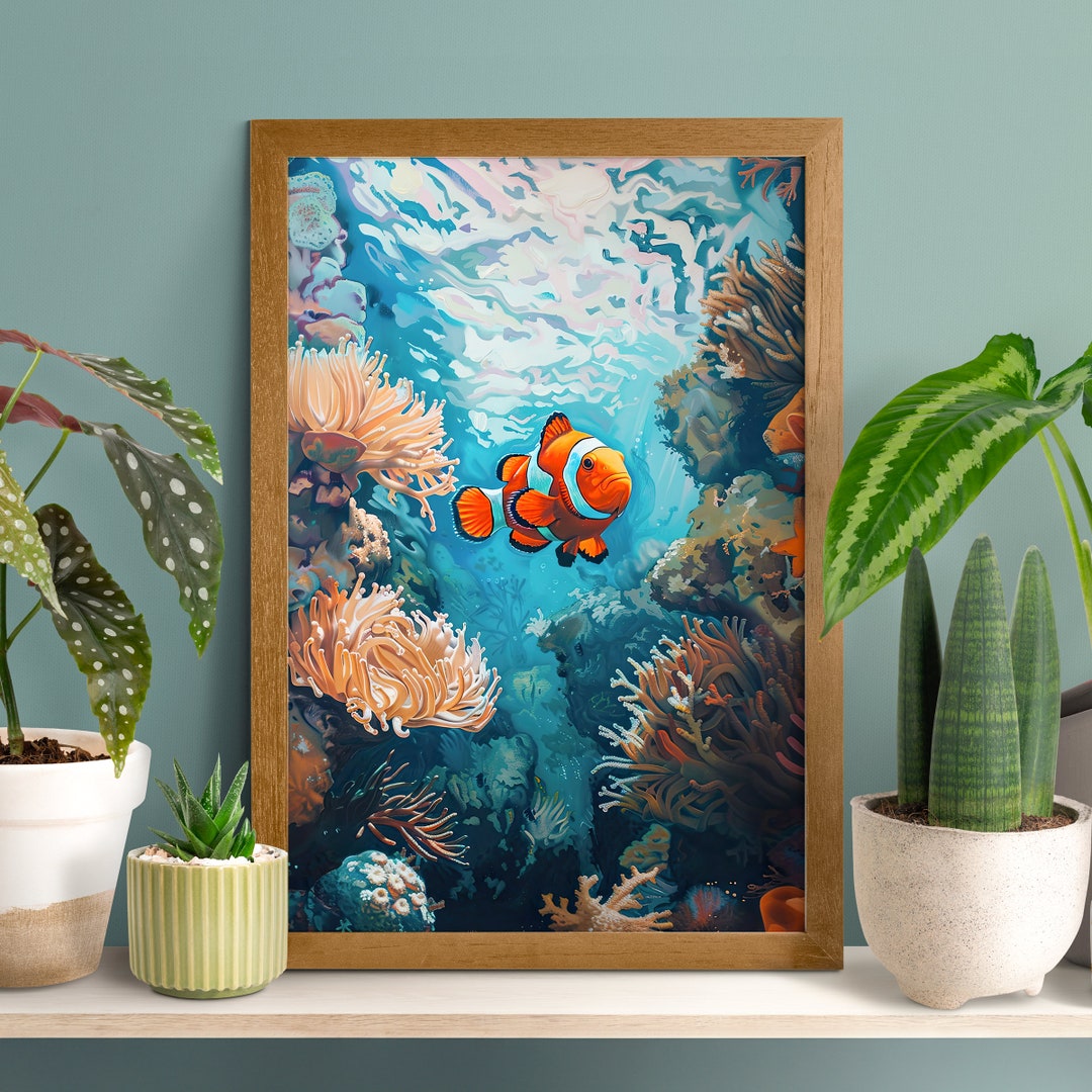Underwater Clownfish Coral Reef Poster, Aquarium Wall Art, Fish Tank ...
