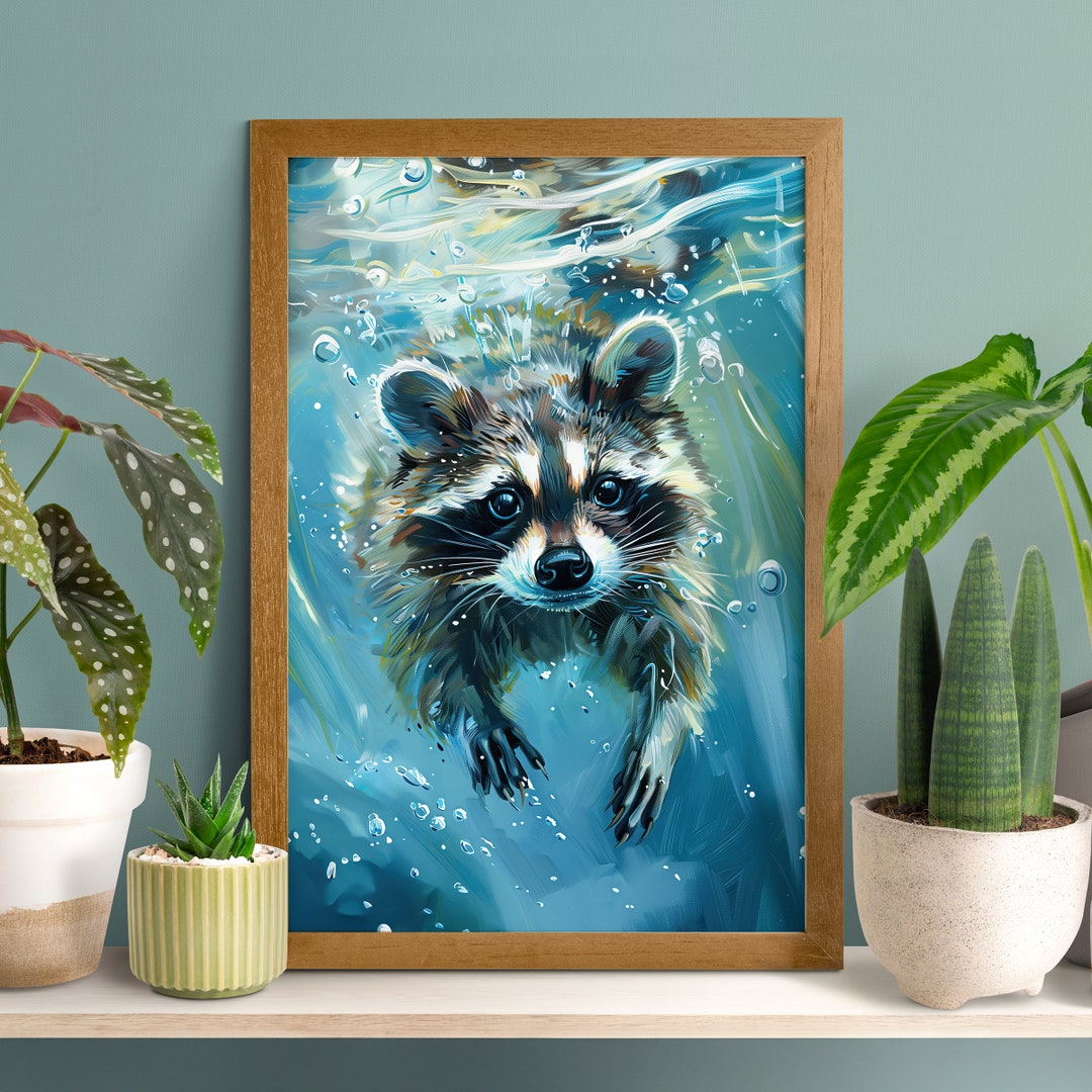 Swimming Pool Diving Raccoon Poster, Funny Trash Panda Wall Art ...