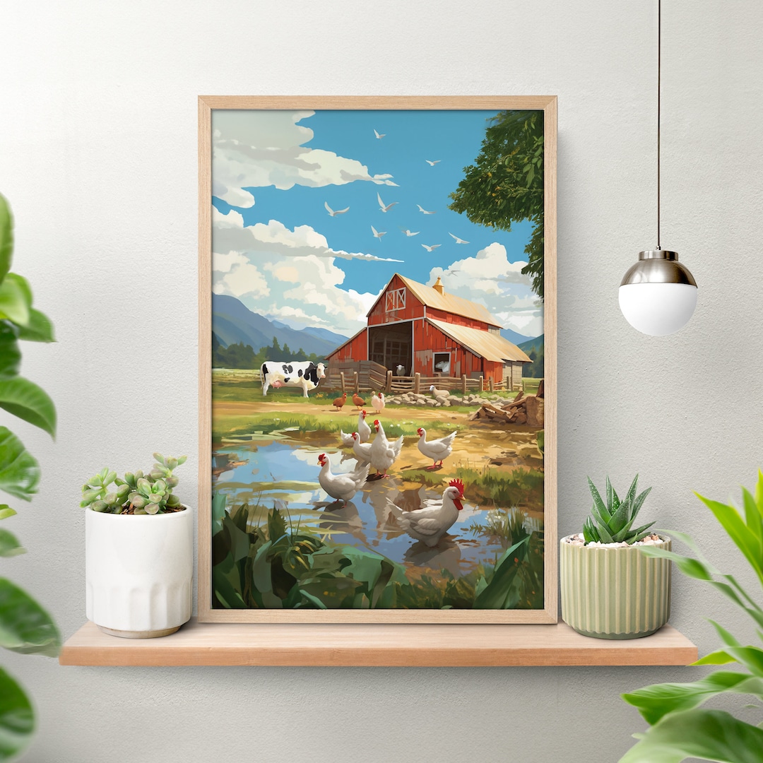 Barnyard Farm Animals Poster, Claude Monet Inspired Print, Chickens ...