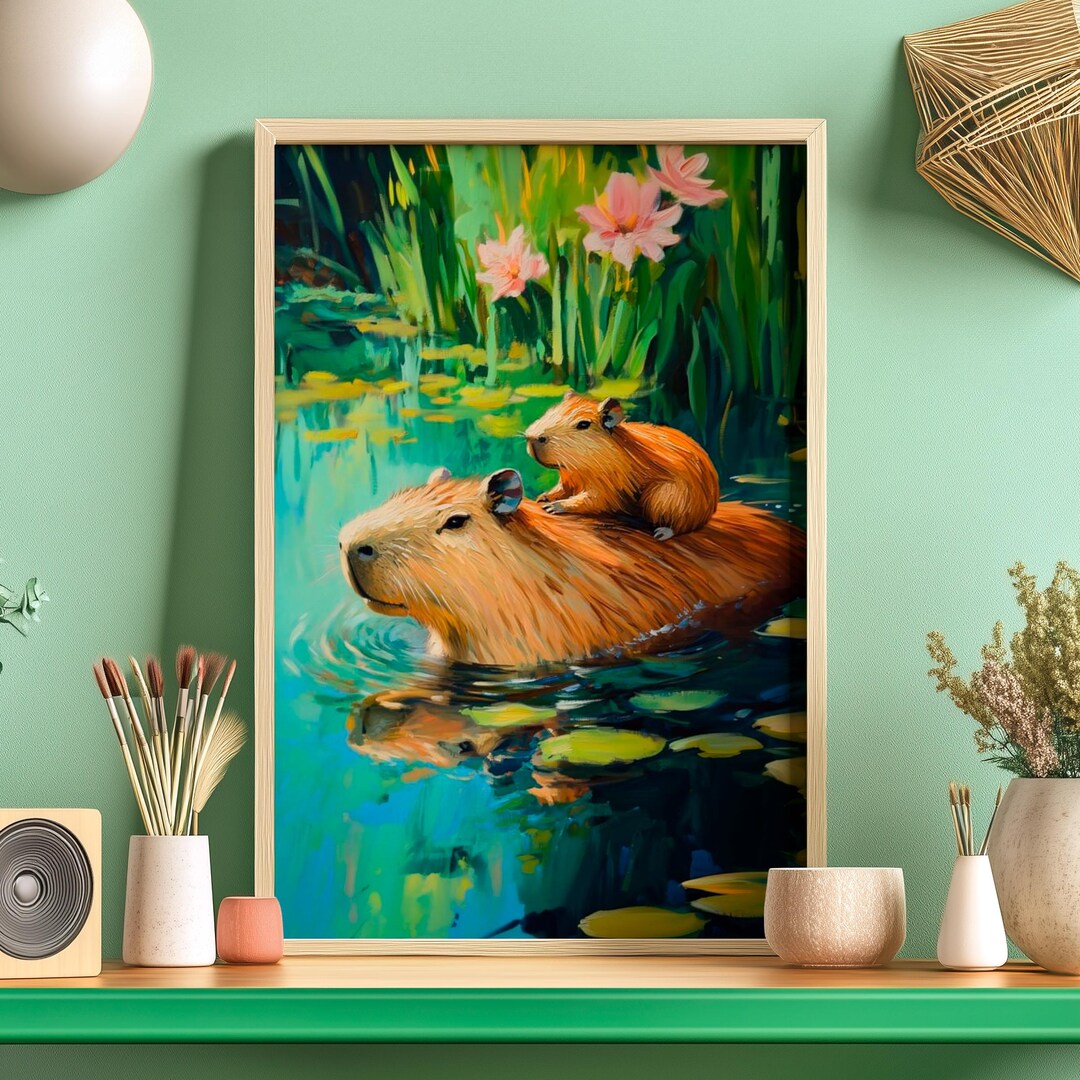 River Wildlife Capybara Family Poster, Funny Water Hog Print, Lake Life ...