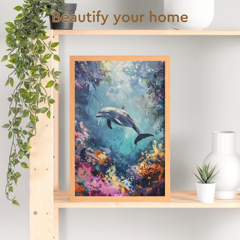 Undersea Dolphin Coral Reef Poster, Dolphin Lover Gift, Vintage Ocean ...