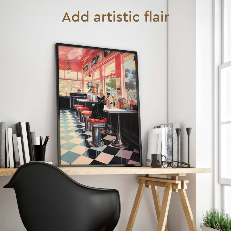 Retro Diner Cat Poster, Black Cat Wall Art, Funny Kitten Print, Watercolor Pet Painting, Home ...