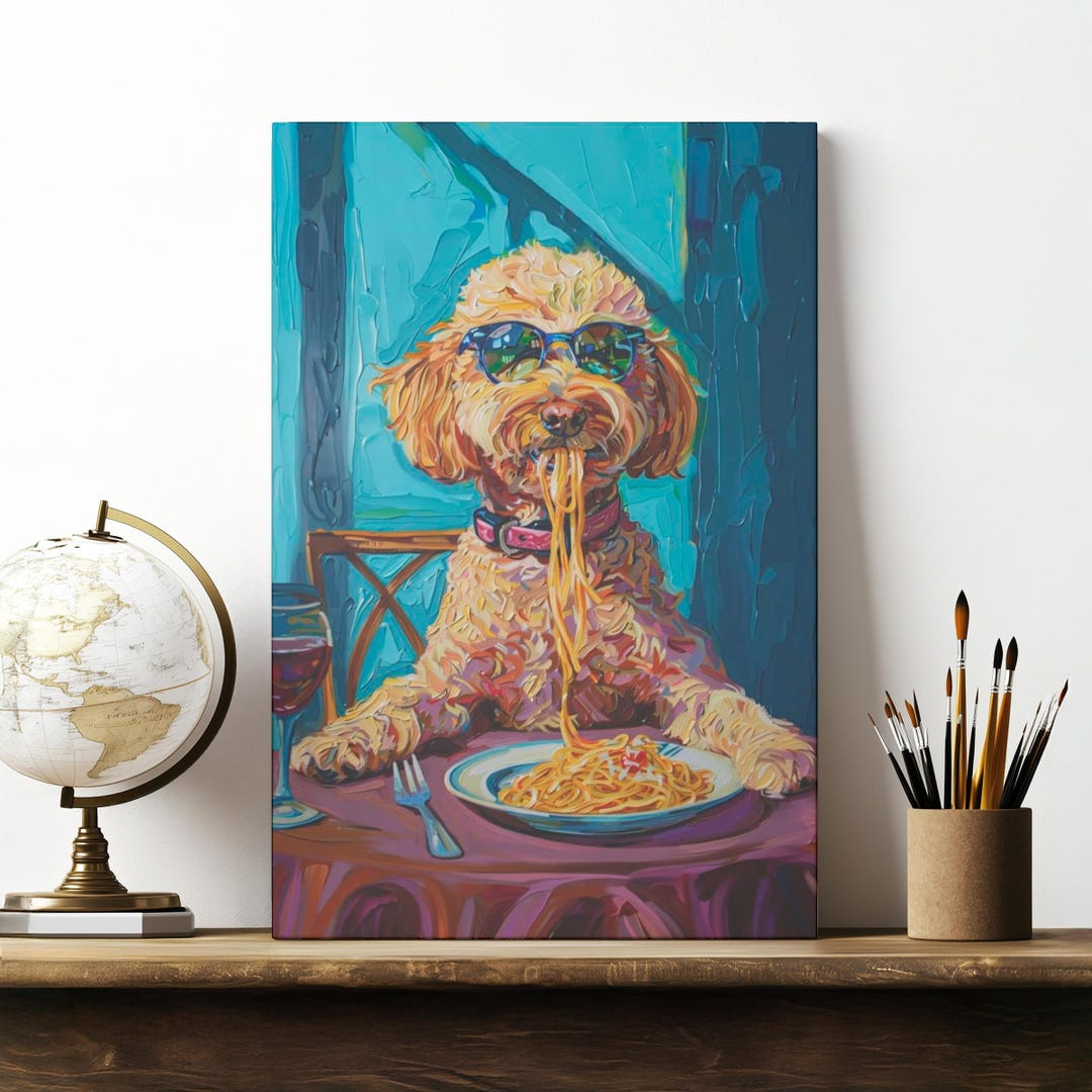 Sunglasses Labradoodle Eating Pasta Canvas Wall Art, Matte Stretched 0. ...