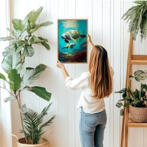 Manatee Family Swimming Underwater Poster, Florida Manatee Print ...