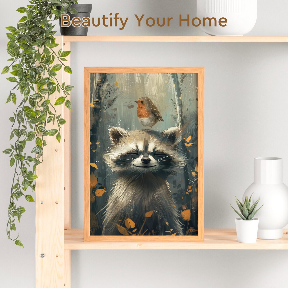 Joyful Raccoon and Bird Poster, Funny Trash Panda Print, Wildlife ...