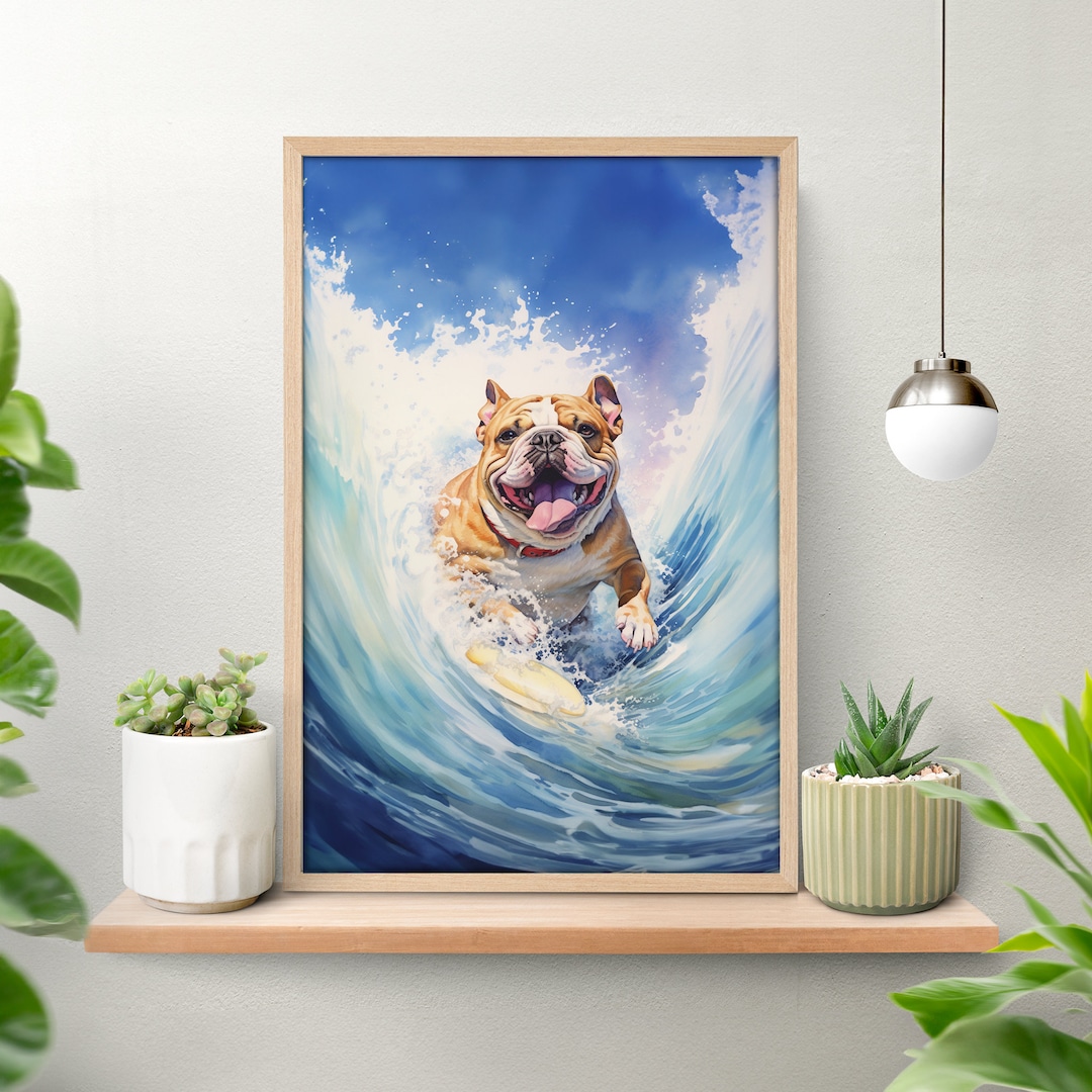 Surf Board Bulldog Poster, Funny Surfing Waves Dog Wall Art, Watercolor ...