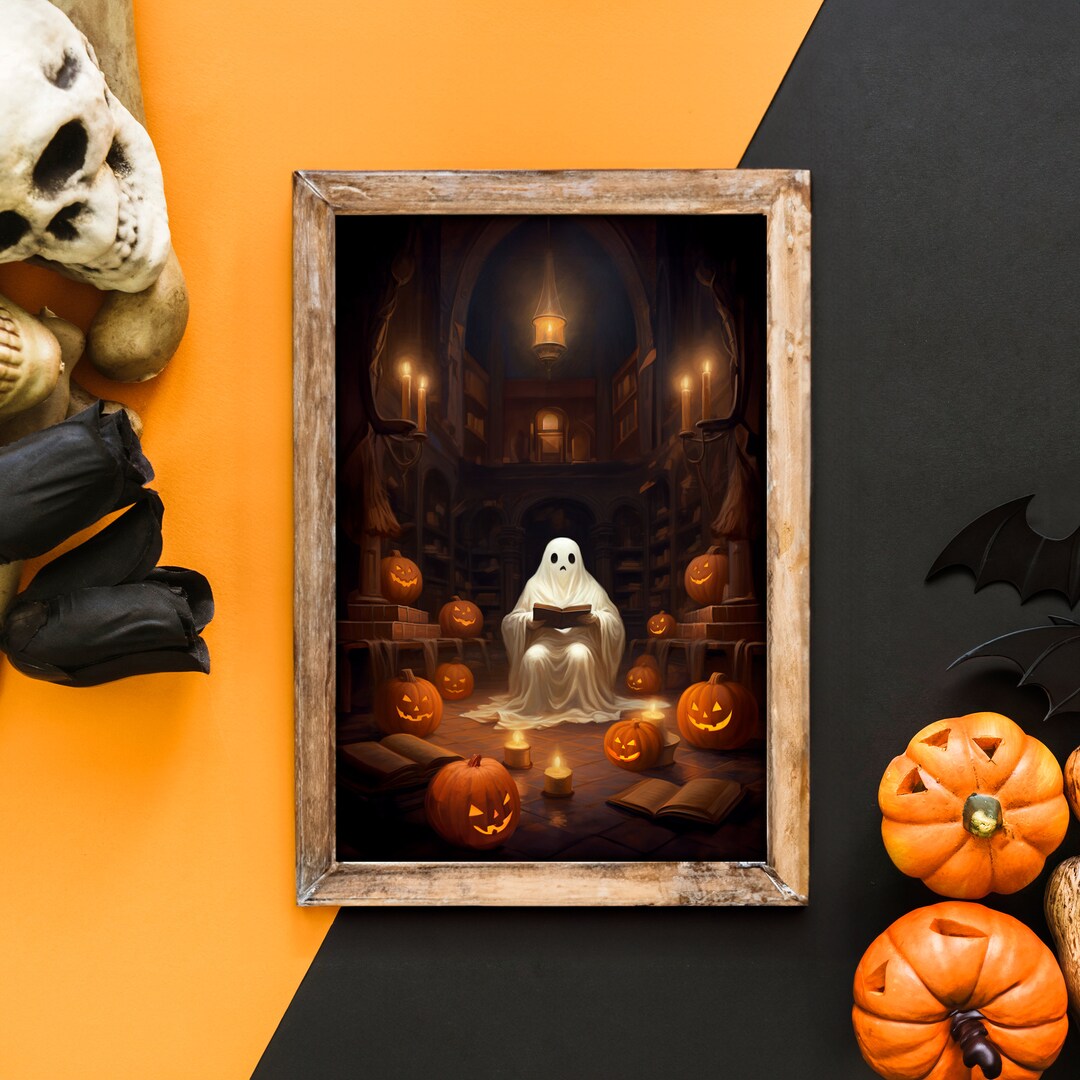 Halloween Library Reading Ghost Poster, Spooky Pumpkins, Home Decor ...