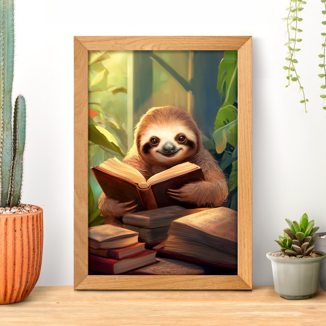 Cute Sloth Reading Book Poster, Funny Sloth Wall Art, Reading Lover ...