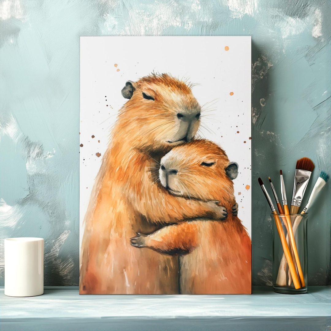 Lovely Capybara Cuddling Portrait Canvas Wall Art, Matte Stretched 0.75 ...
