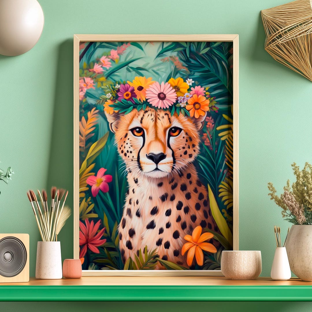 Floral Crown Wildlife Cheetah Poster, Acinonyx Lover, Leopard Nursery ...