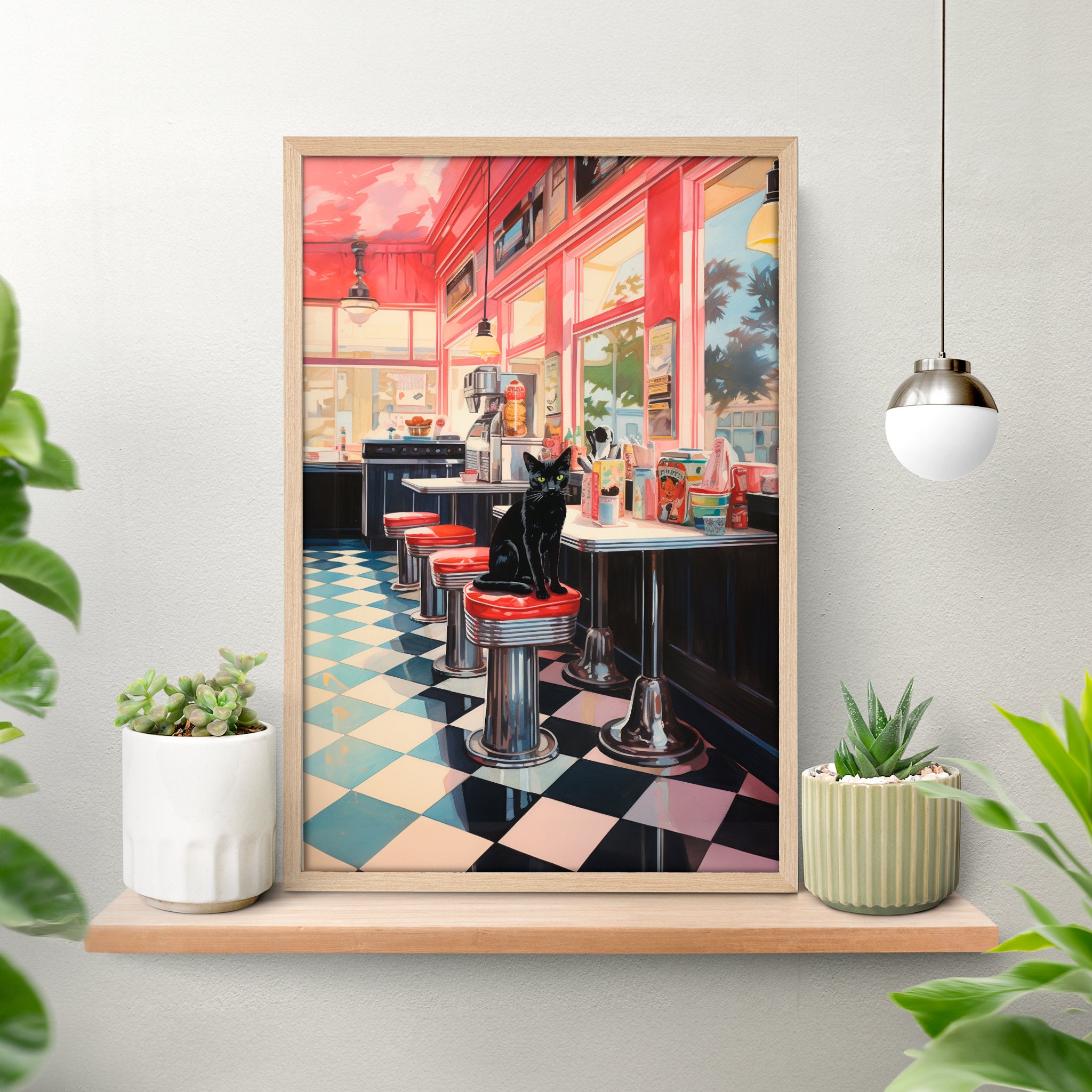 Retro Diner Cat Poster, Black Cat Wall Art, Funny Kitten Print ...