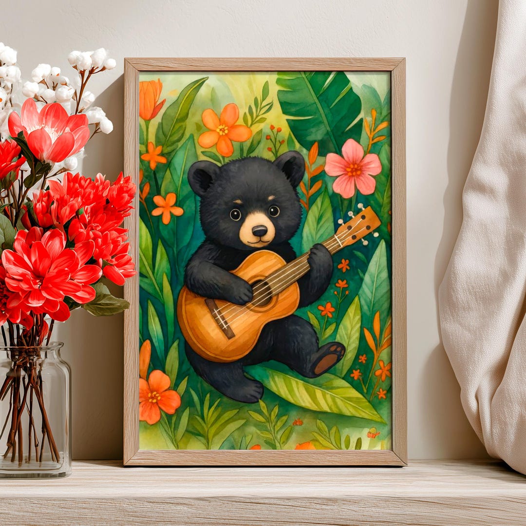 Ukulele Musician Bear Poster: Whimsical Watercolor Wall Art Print Decor ...